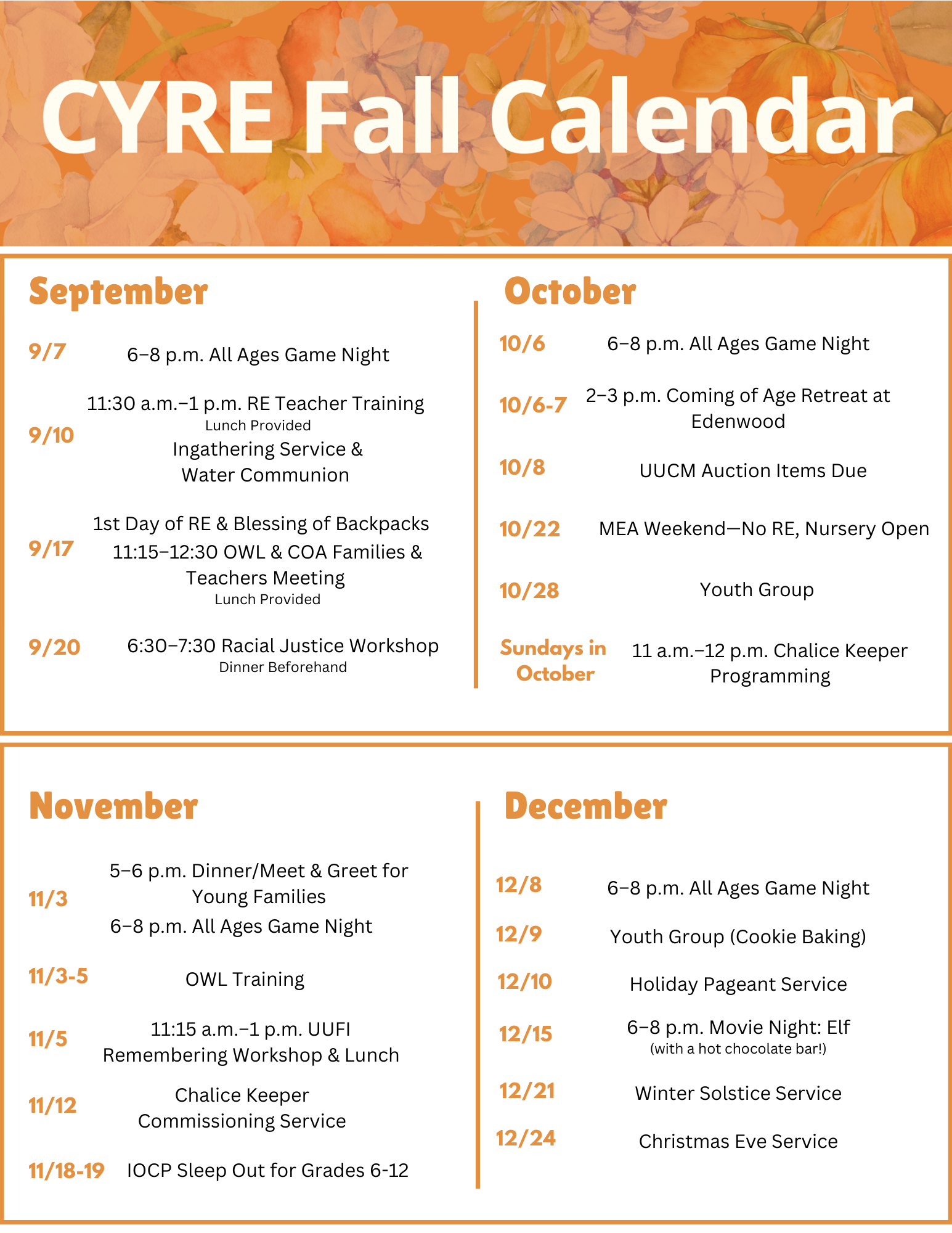 CYRE Fall Calendar | UUCM Happenings